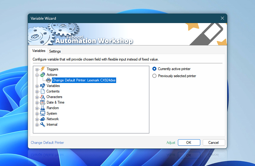 Change Default Printer Return Values Variable Wizard