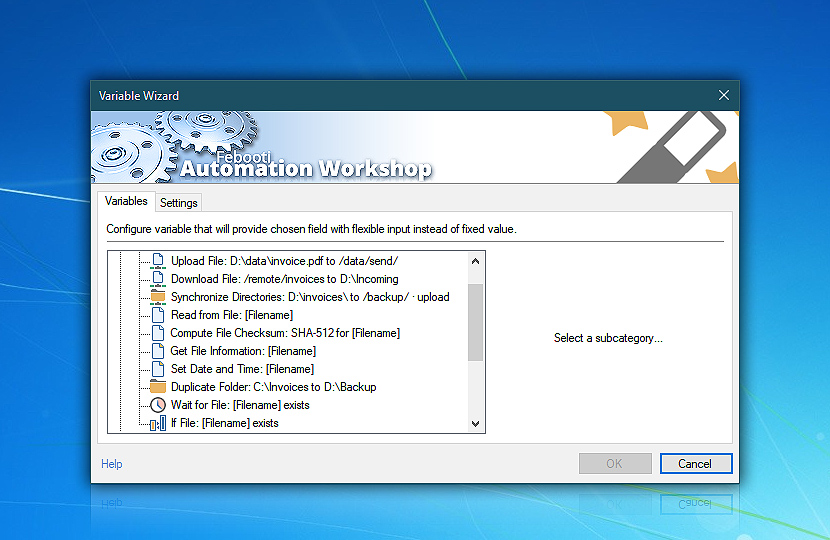 Get Automatic Values From File And Folder Actions · Variable Wizard