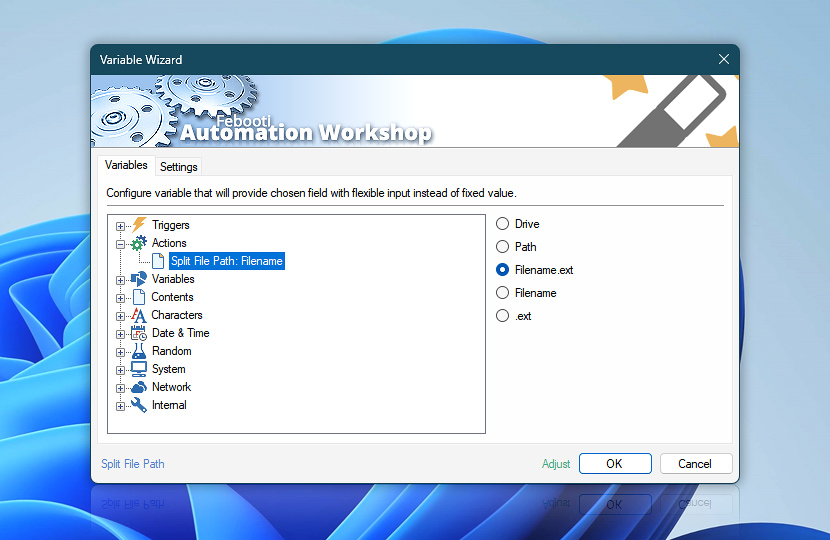 Split File Path Return Values Variable Wizard